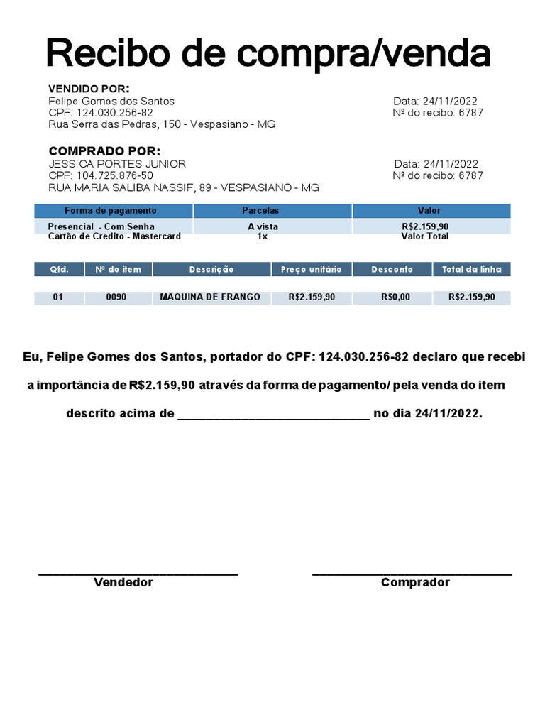 Recibo Prestação de Serviço Ou Venda | PDF