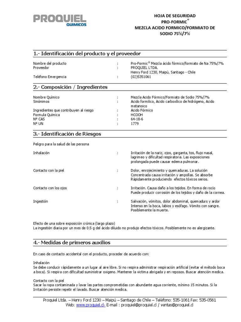 Hoja de Seguridad Pro-Formic Mezcla Acido Formico/Formiato de SODIO 75% ...