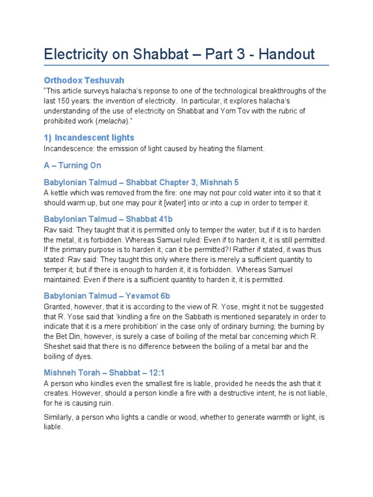 Talmud - Class - Electricity On Shabbat 3 - Handout | PDF | Shabbat ...