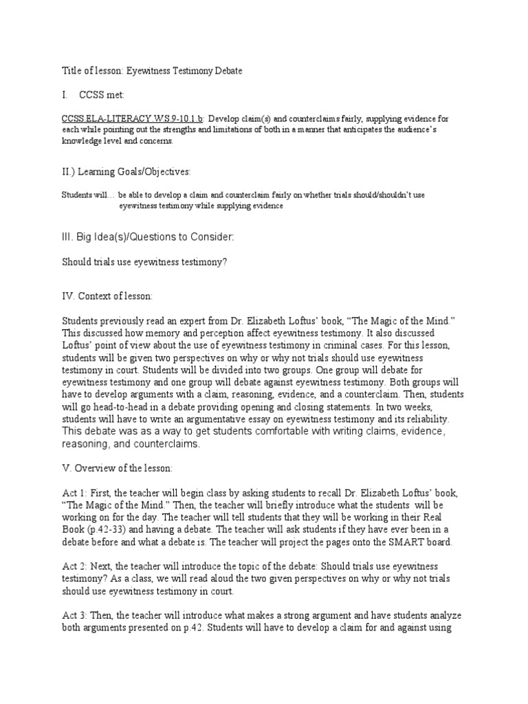 Cardaris Eyewitness Testimony Debate Lesson Plan | PDF | Witness ...