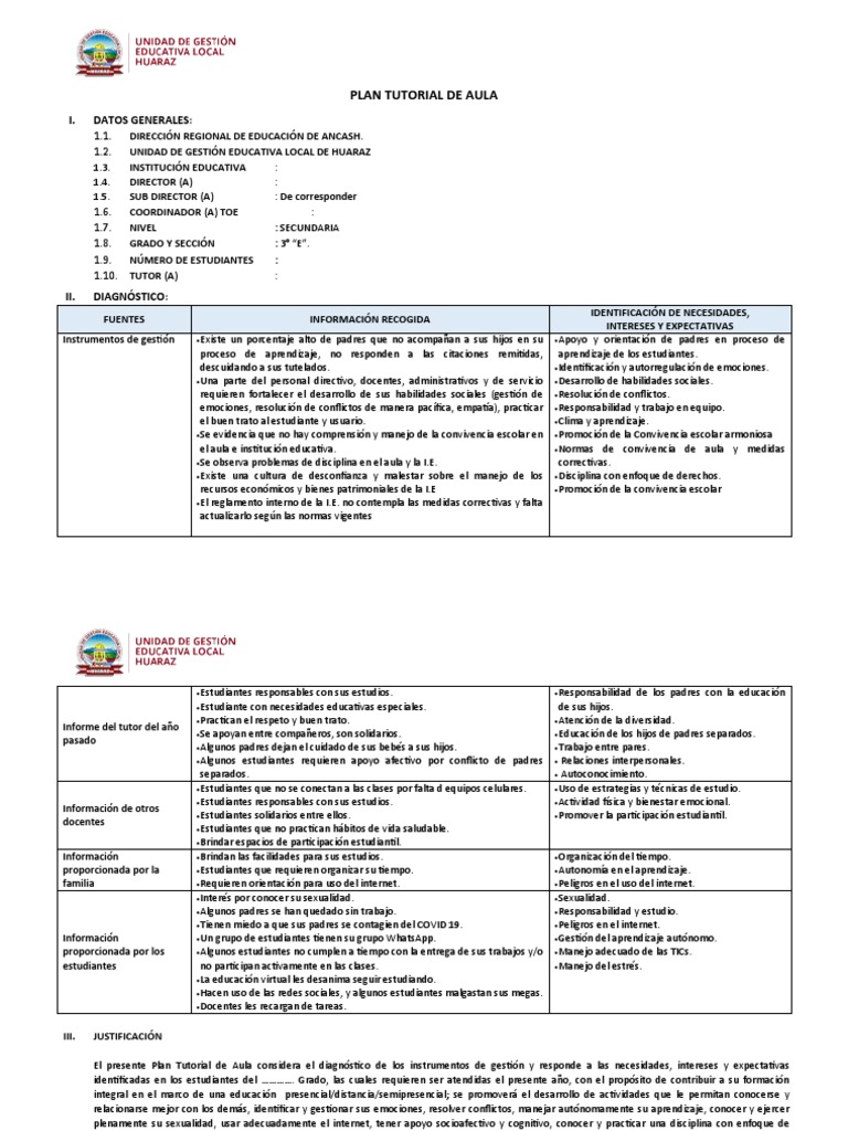 PLAN Tutorial de Aula Modelo Sugerido | PDF | Aprendizaje | Las emociones
