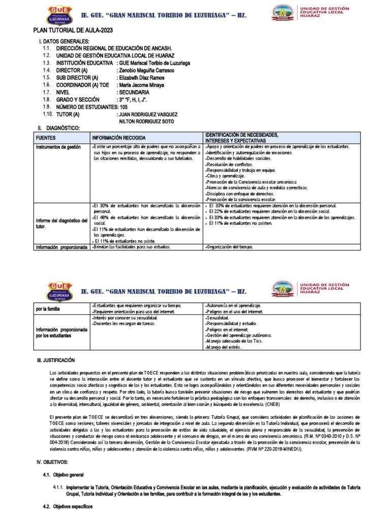 Plan de Tutoría y Convivencia Escolar 2023 | PDF | Salón de clases ...