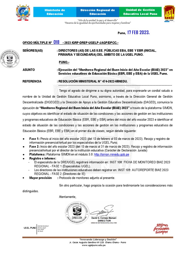 OFICIO MULTIPLE No 018 2023 - MONITOREO BIAE 1 | PDF