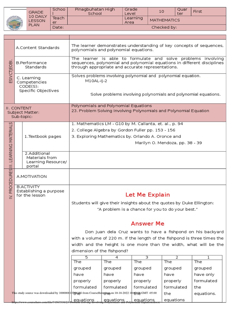 Polynomial Problem Solving Lesson Plan | PDF | Equations | Mathematics