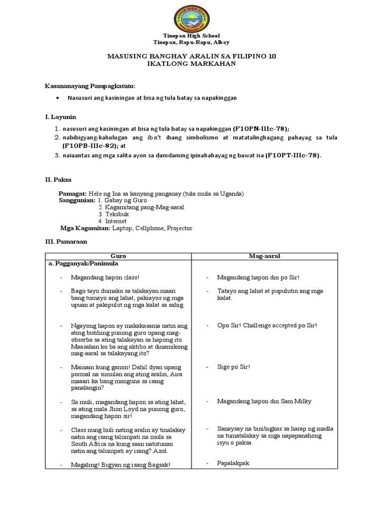 MASUSING BANGHAY ARALIN SA FILIPINO 10 Aralin 4 | PDF