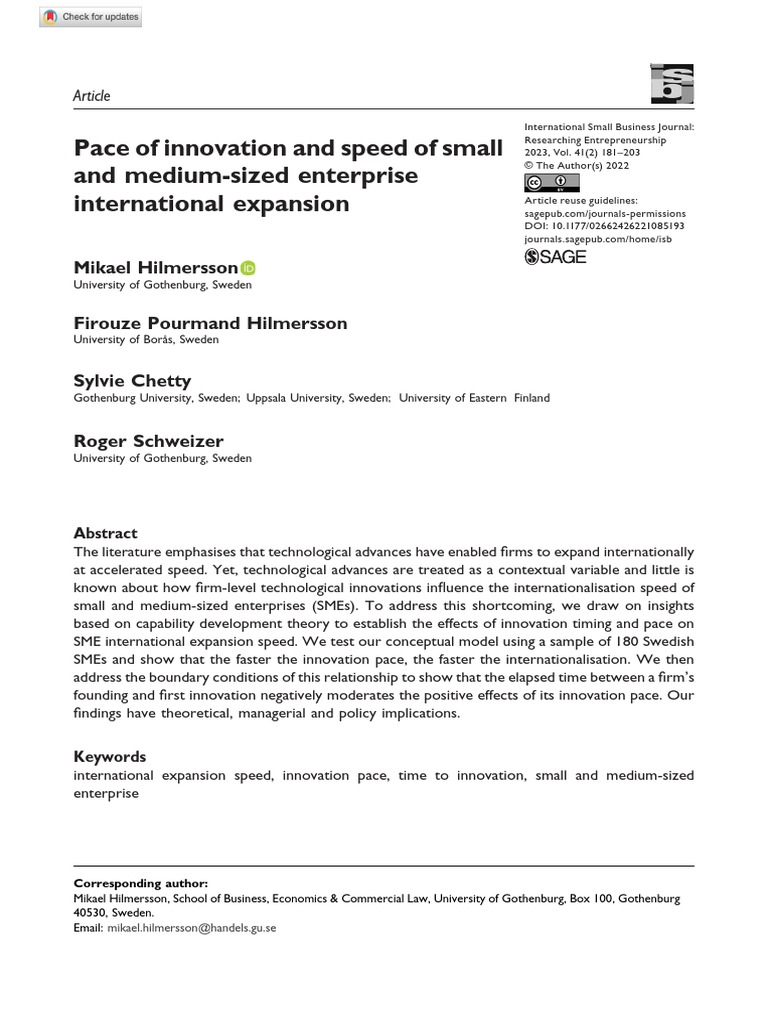 Pace of Innovation and Speed of Small and Medium-Sized Enterprise International Expansion | PDF ...