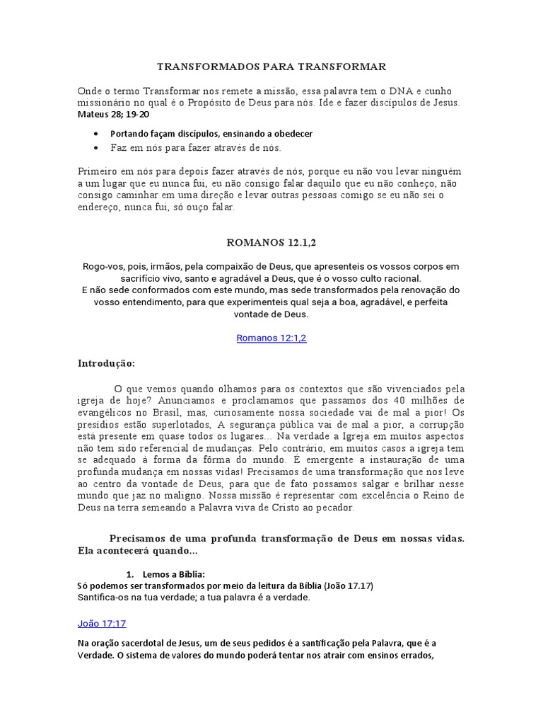 Transformados para Transformar | PDF | Espírito Santo (religião) | Bíblia