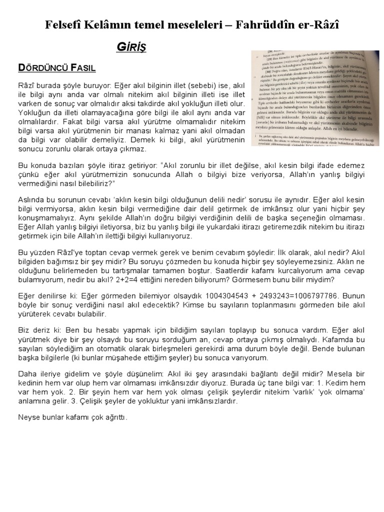 Felsefî Kelâmın Temel Meseleleri - Fahreddîn Er-Râzî | PDF