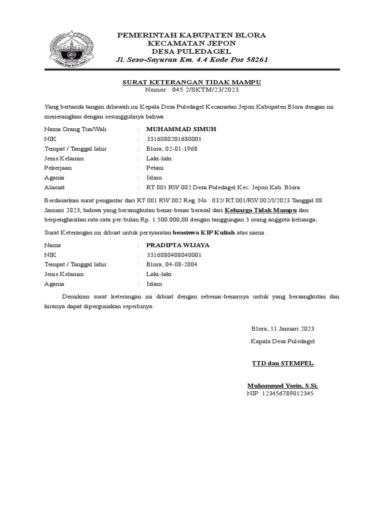 Contoh SKTM untuk KIP Kuliah | PDF