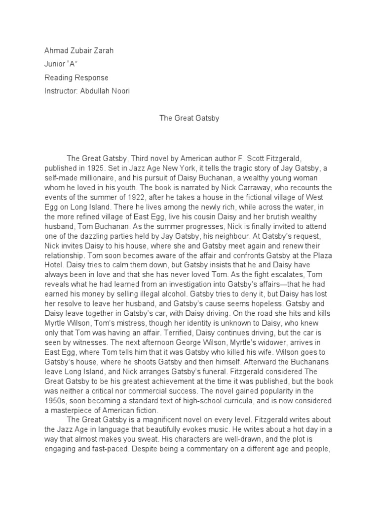 A Critical Analysis of F. Scott Fitzgerald's The Great Gatsby | PDF ...