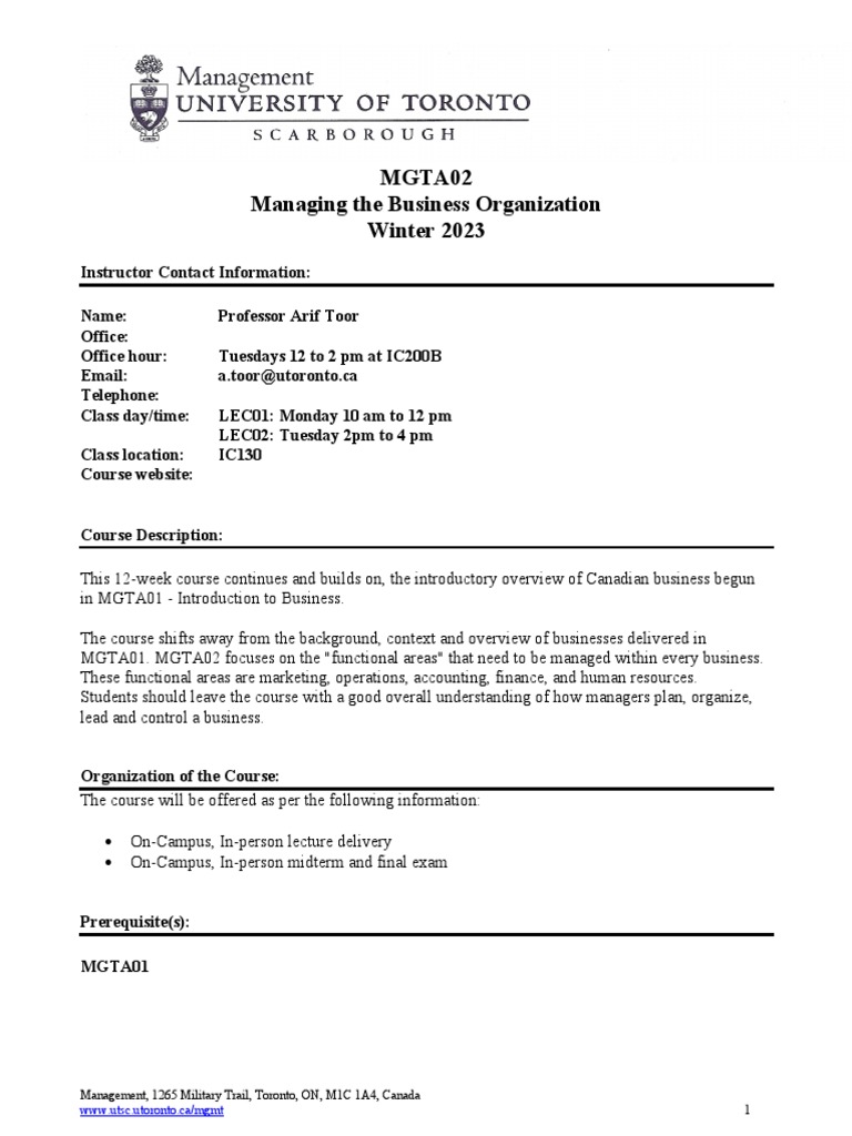 MGTA02 Course Outline - Winter 2023 - Arif Toor (Intro To Business ...