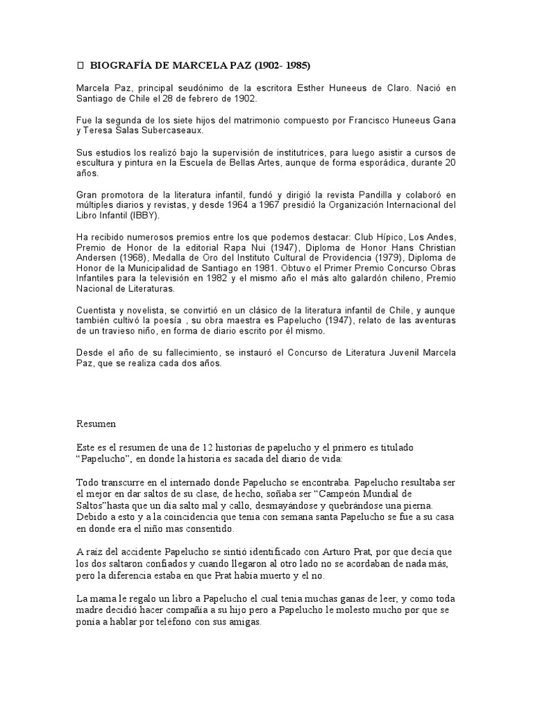 BIOGRAFÍA DE MARCELA PAZ PAPELUCHO | PDF