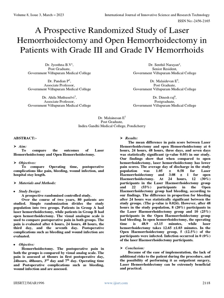 Laser vs Open Hemorrhoidectomy Outcomes | PDF | Hemorrhoid | Surgery