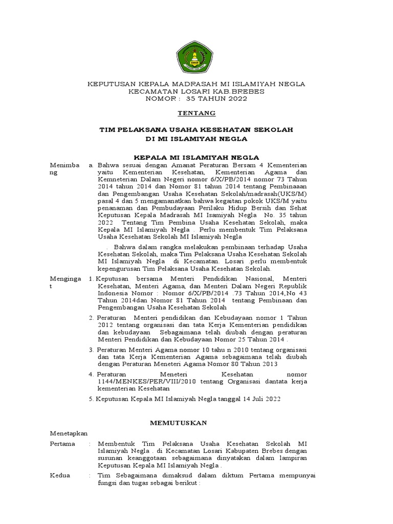 Pembentukan Tim UKS MI Islamiyah Negla | PDF
