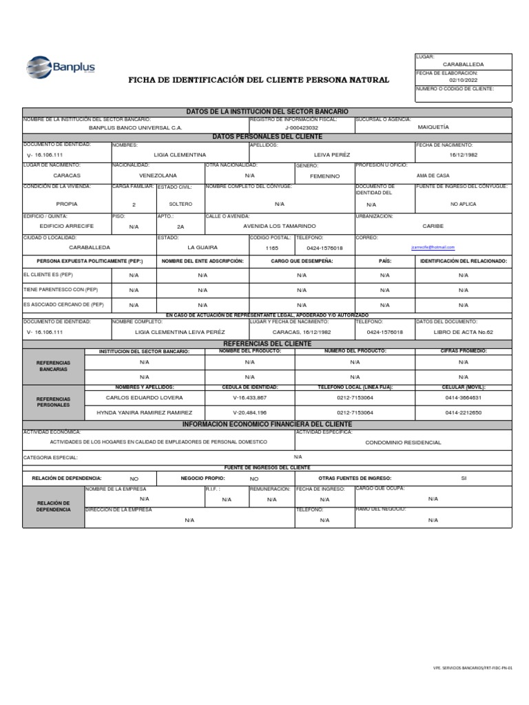 Ficha de Identificación Del Cliente PN | PDF | Bancos | Economias