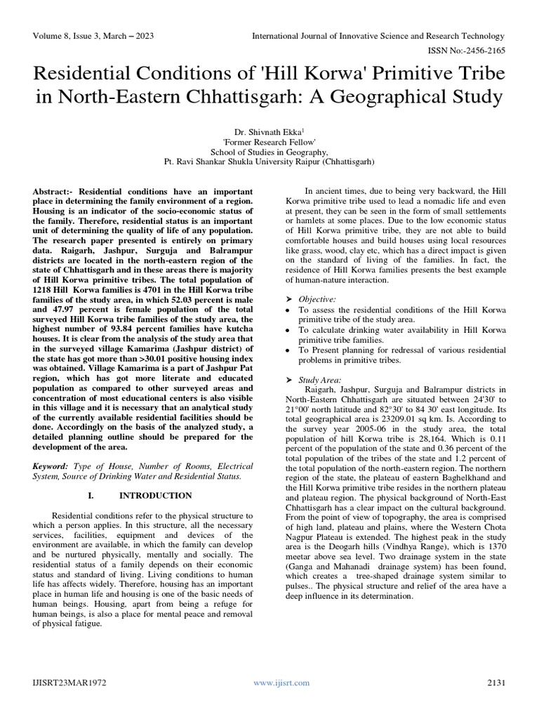 Residential Conditions of 'Hill Korwa' Primitive Tribe in North-Eastern ...