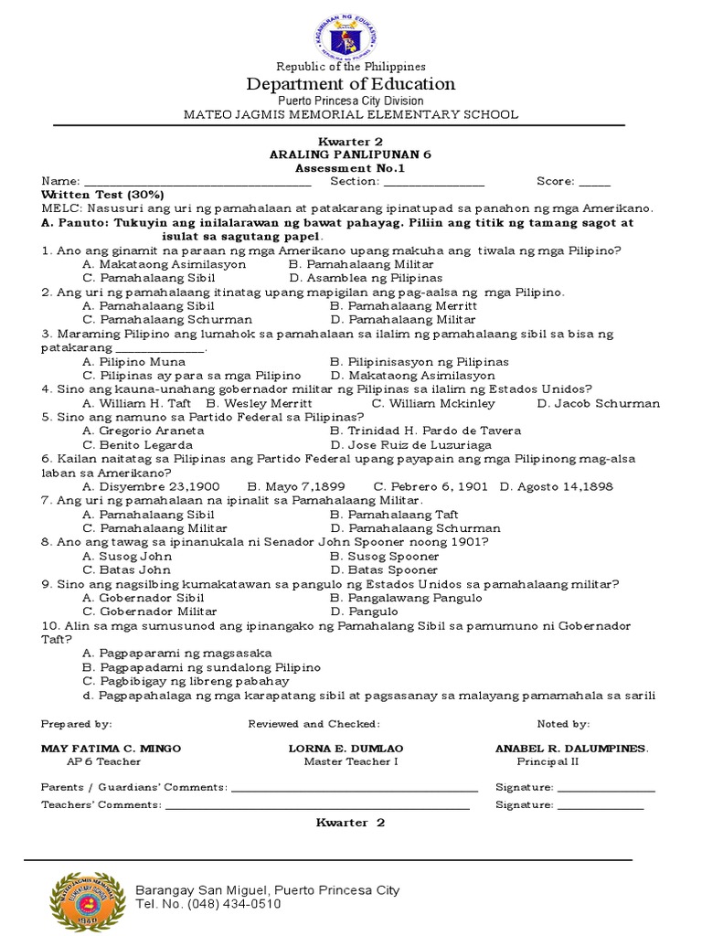 Ap 6 Assessment Q2-W1-5 | PDF
