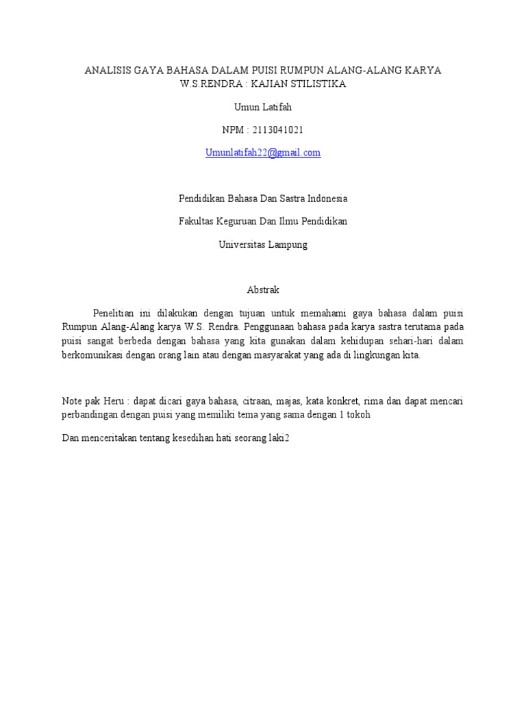 Analisis Gaya Bahasa Dalam Puisi Rumpun Alang | PDF