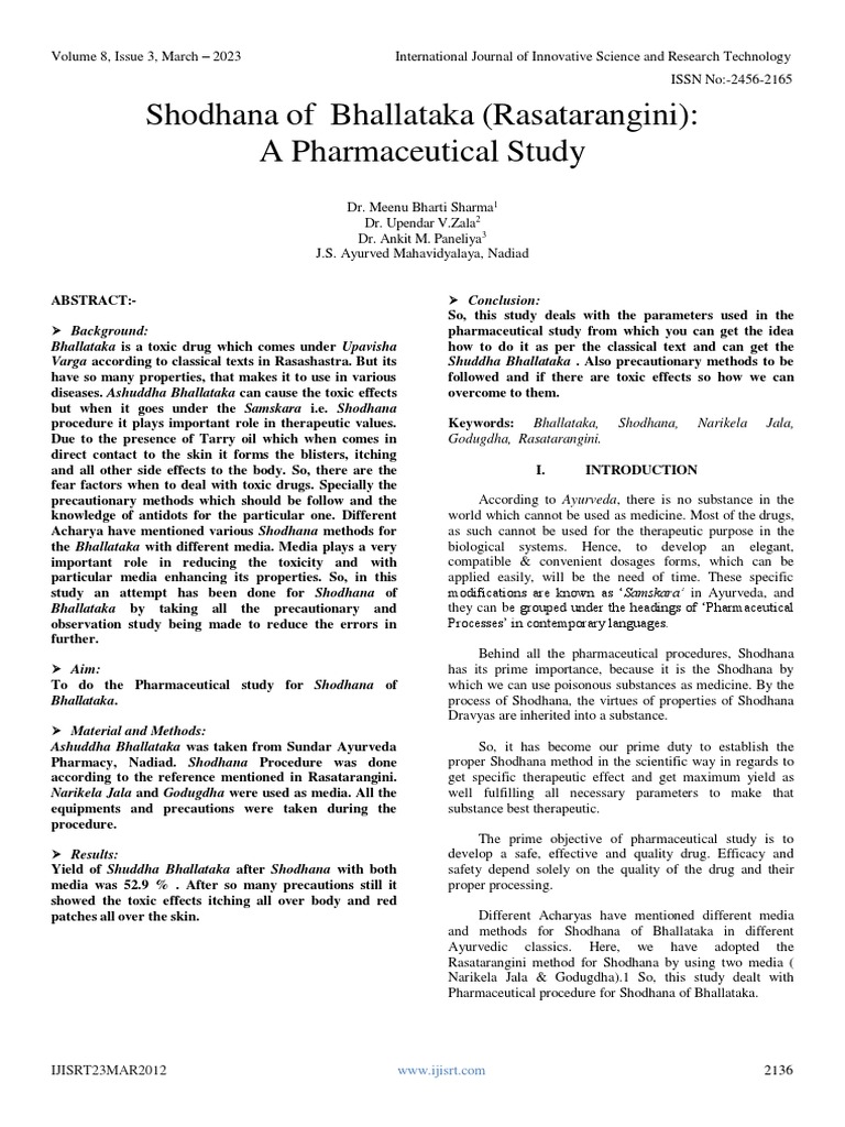 Shodhana of Bhallataka (Rasatarangini) A Pharmaceutical Study | PDF ...