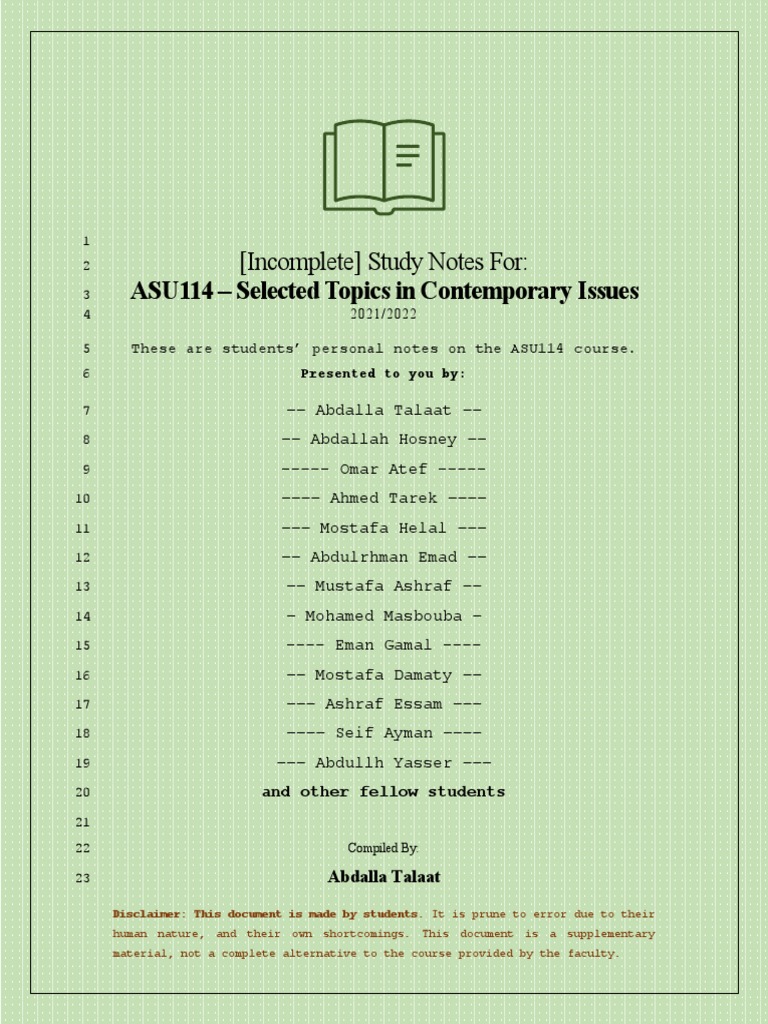 ASU114 - Selected Topics in Contemporary Issues: (Incomplete) Study ...