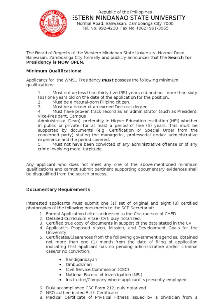 WMSU Presidency Search Notice | PDF | Notary Public | Justice
