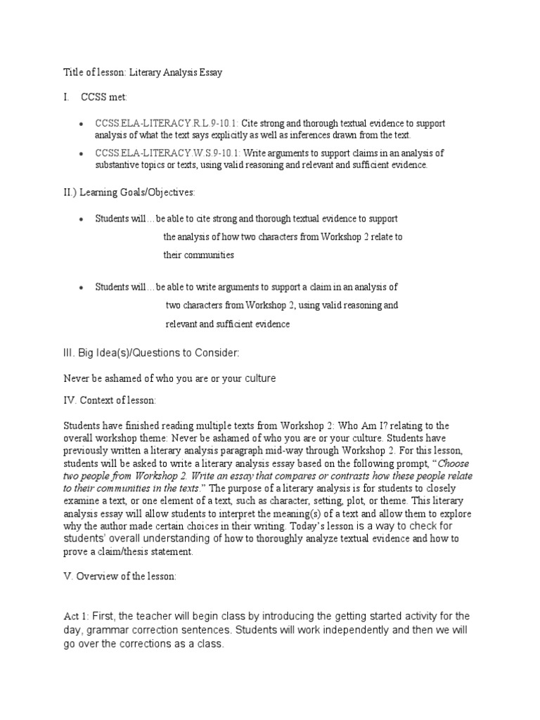Literary Analysis Lesson Plan | Download Free PDF | Essays | Literary ...