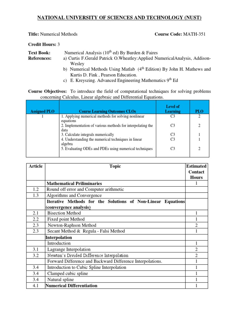 Course Outline Math-351 Numerical Methods | PDF | Numerical Analysis | Partial Differential Equation