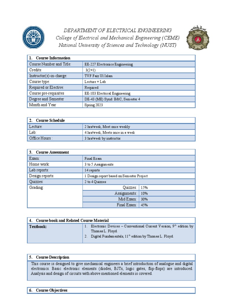 EE-227 Electronics Engineering (Course Outline) | PDF | Logic Gate | Engineering