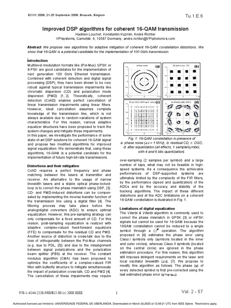 Improved Dsp Algorithms For Coherent 16 Qam Transmission Pdf Digital Signal Processing