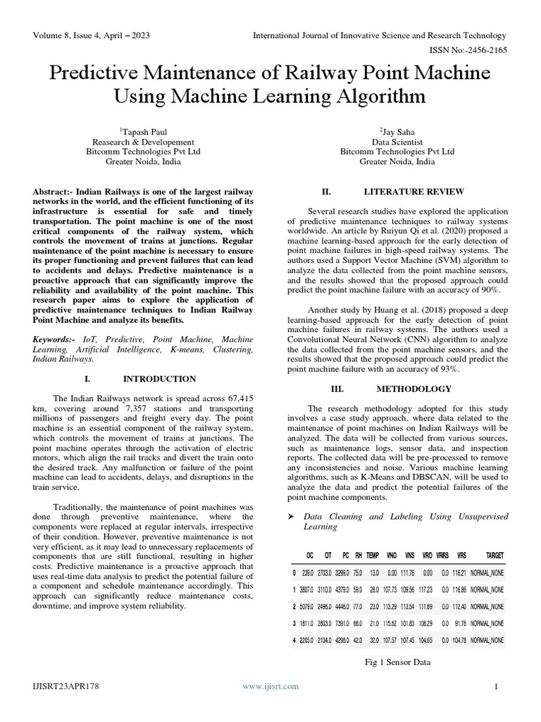 Predictive Maintenance of Railway Point Machine Using Machine Learning Algorithm | Download Free ...