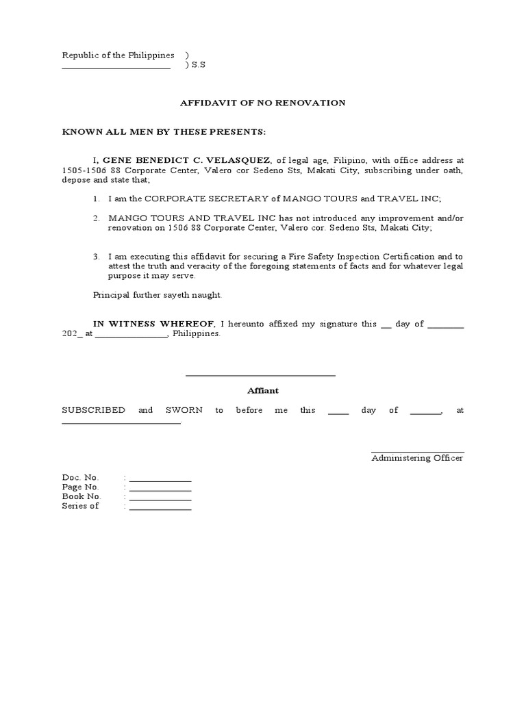 Affidavit of No Renovation for BFP | PDF