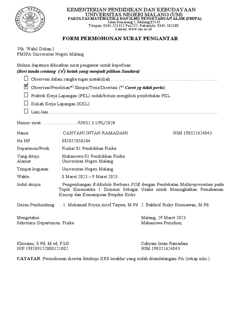 Form Permohonan Surat Pengantar: Kementerian Pendidikan Dan Kebudayaan ...