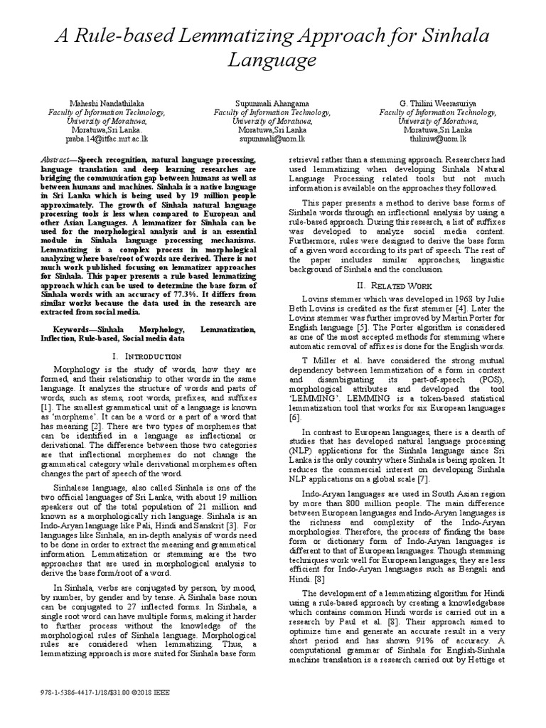 A Rule-Based Lemmatizing Approach For Sinhala Language: Maheshi Nandathilaka Supunmali Ahangama ...