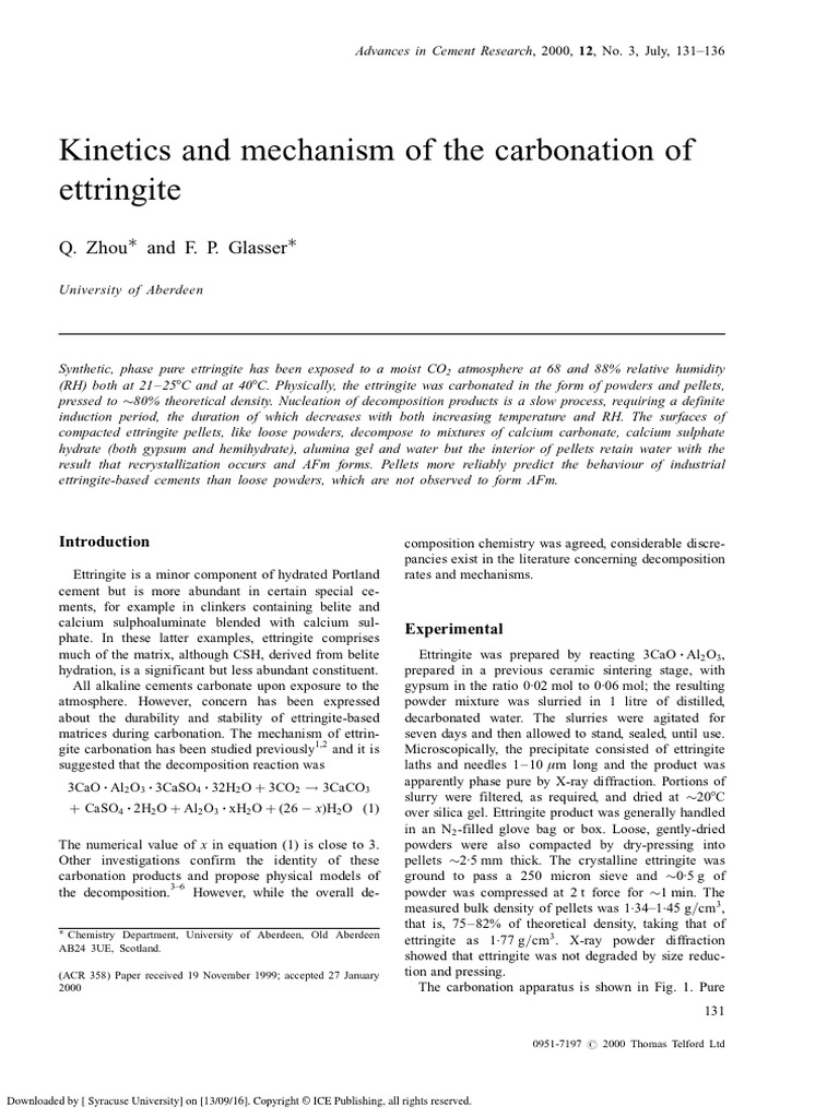 Kin. Mec. of The Carbonation of Ettringite - Fred Glasser | PDF ...