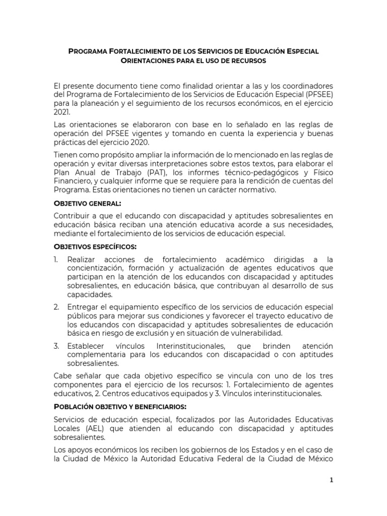 Programa Fortalecimiento de Los Servicios de Educación Especial Orientaciones para El Uso de ...