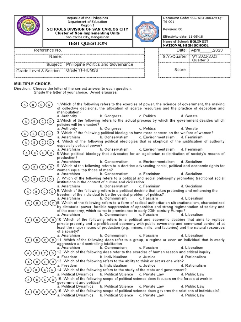 PPG-Test Question 1st QTR and Key Answer | PDF | Liberalism | American ...