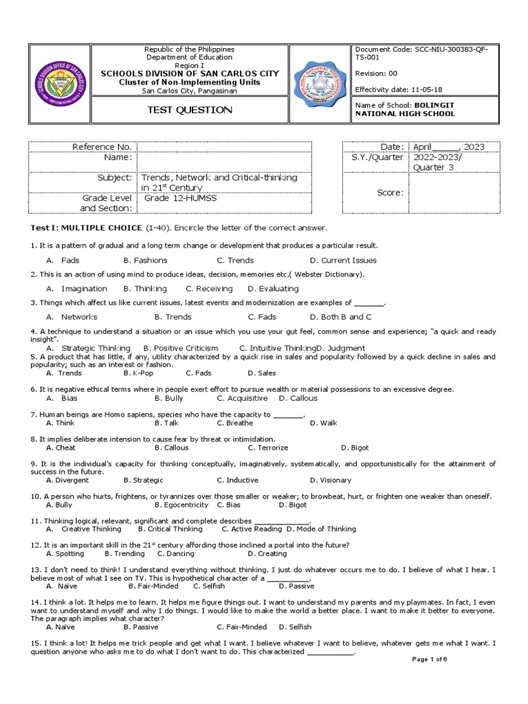 Test Question 3rd QTR Trends and Network | PDF | Climate Change | Human ...