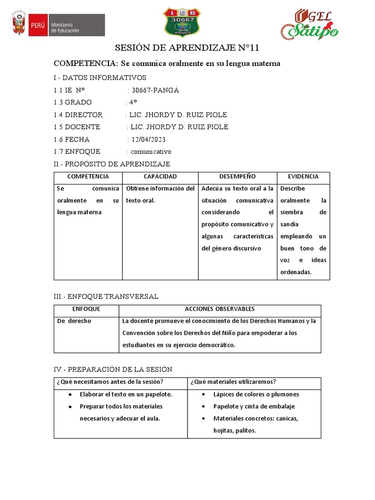 Sesión de Aprendizaje N°11: COMPETENCIA: Se Comunica Oralmente en Su Lengua Materna | PDF ...