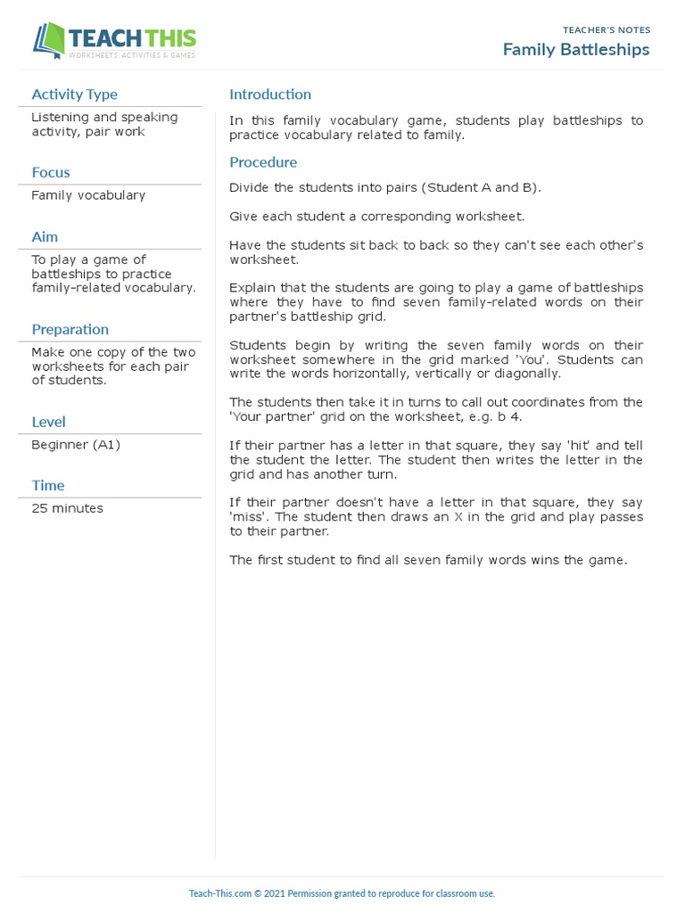 FAMILY MEMBERS Battleships | PDF | Learning | Linguistics