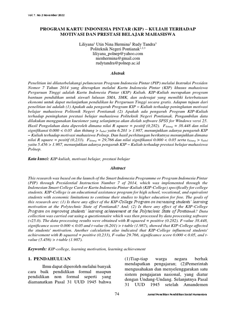 Program Kartu Indonesia Pintar (KIP) - Kuliah Terhadap Motivasi Dan Prestasi Belajar Mahasiswa | PDF
