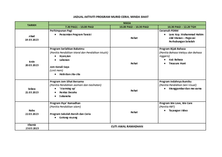 Jadual Aktiviti Program Murid Ceria 2023-2024 | PDF