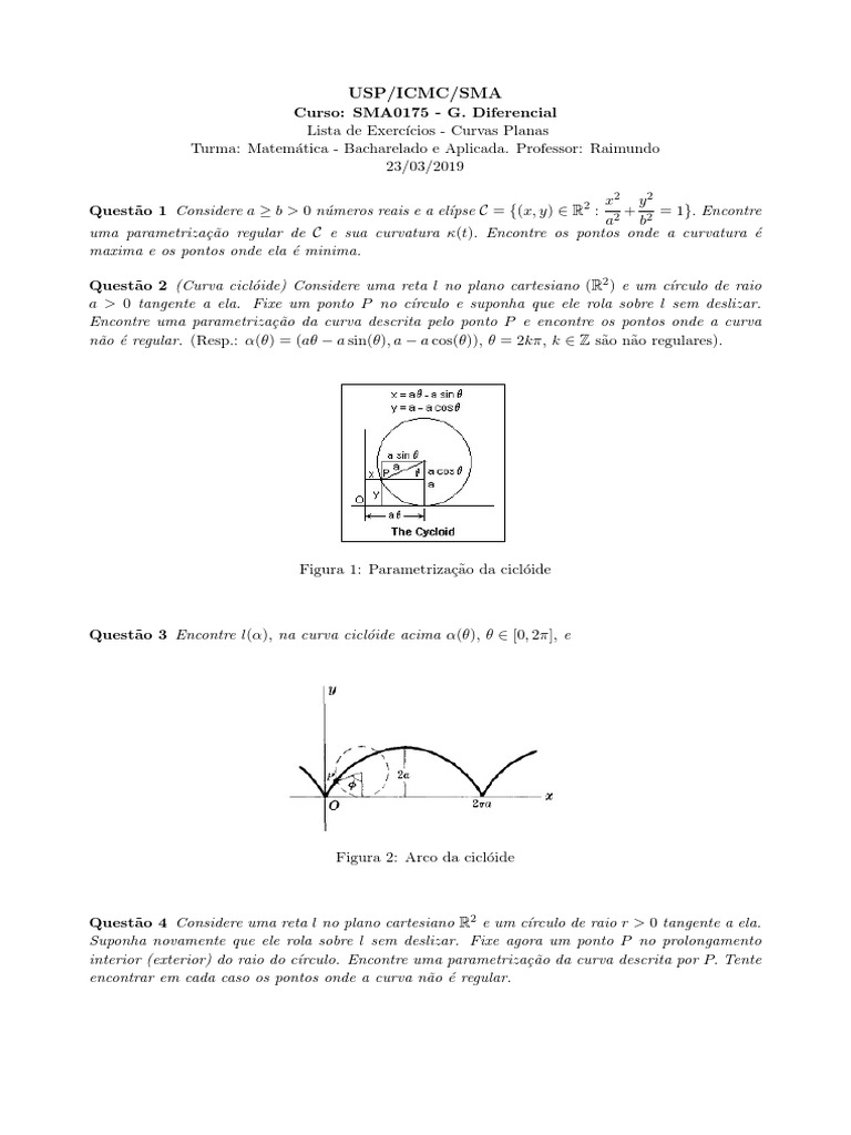 Sma0175 Lista1 | PDF | Curva | Curvatura