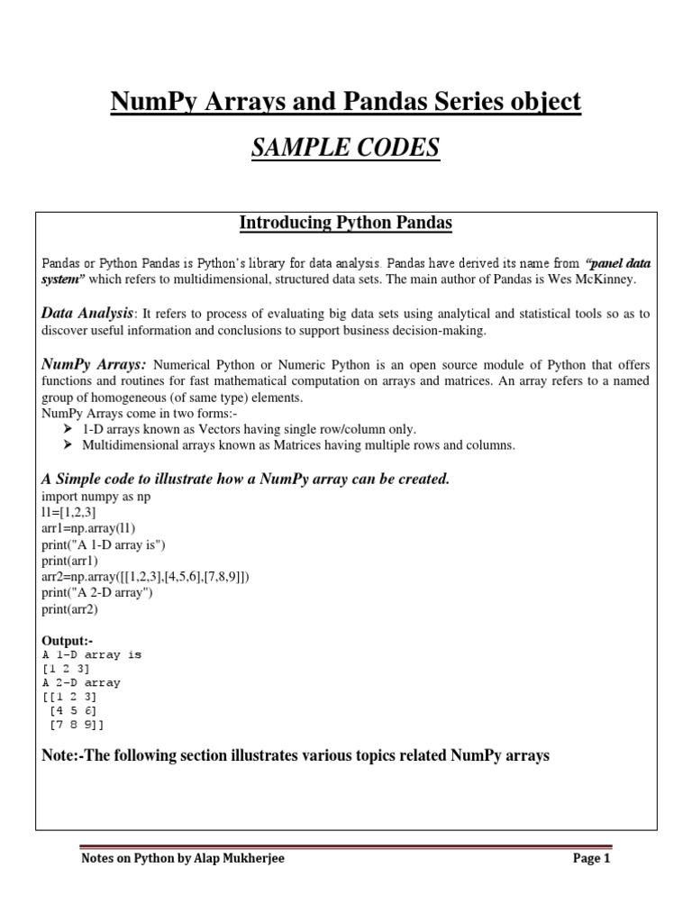 Numpy Arrays And Pandas Series Object Download Free Pdf Computer Programming Computing