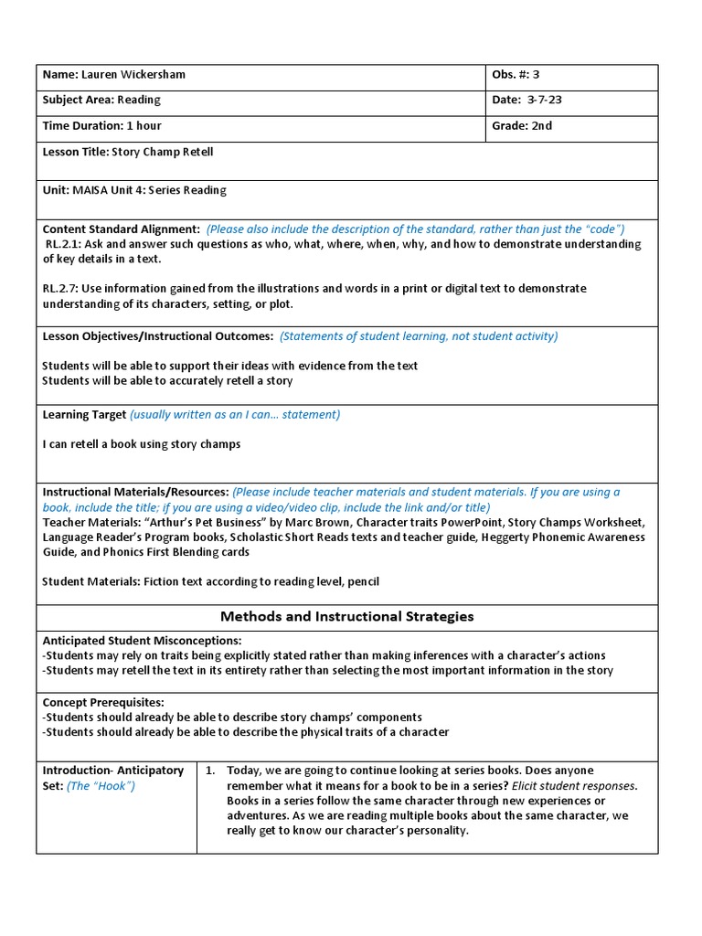 Story Champs Retell Lesson Plan | PDF | Phonics | Reading Comprehension
