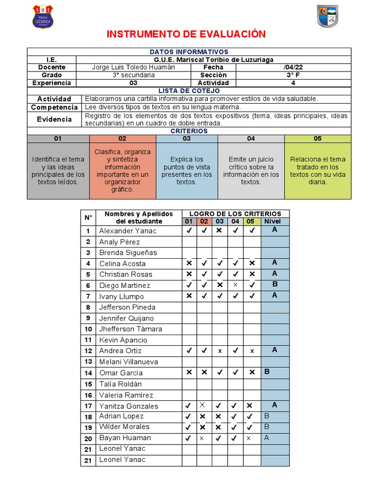INSTRUMENTO DE EVALUACIÓN-TERCERO- | PDF
