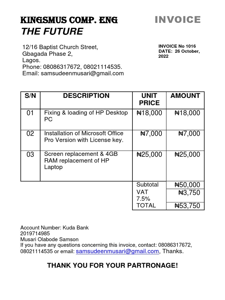 Samson Company Invoice For HP Desktop PC & HP Laptop Screen and RAM | PDF