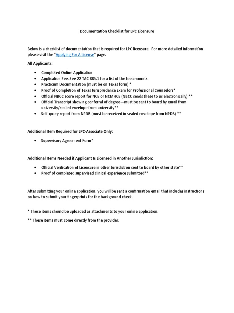 Checklist For LPC Licensure | PDF