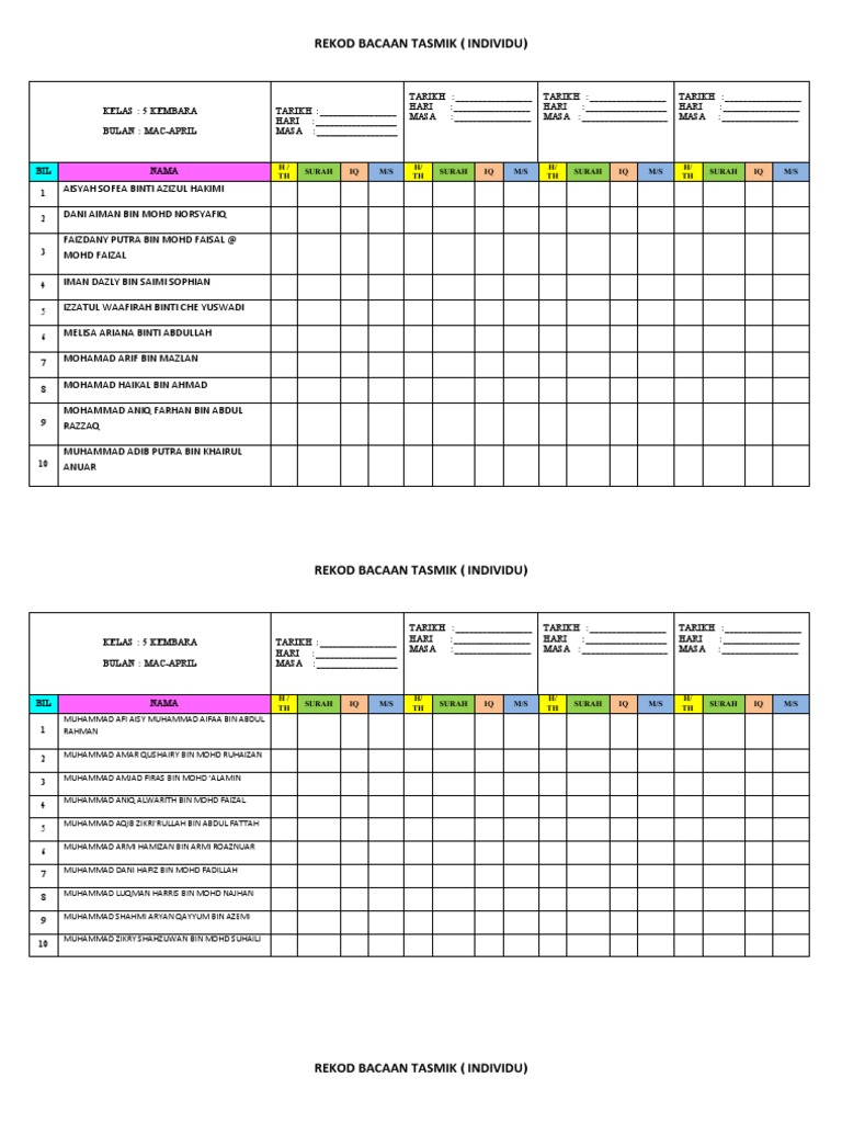 Borang Tasmik 6S 5K 3S | PDF