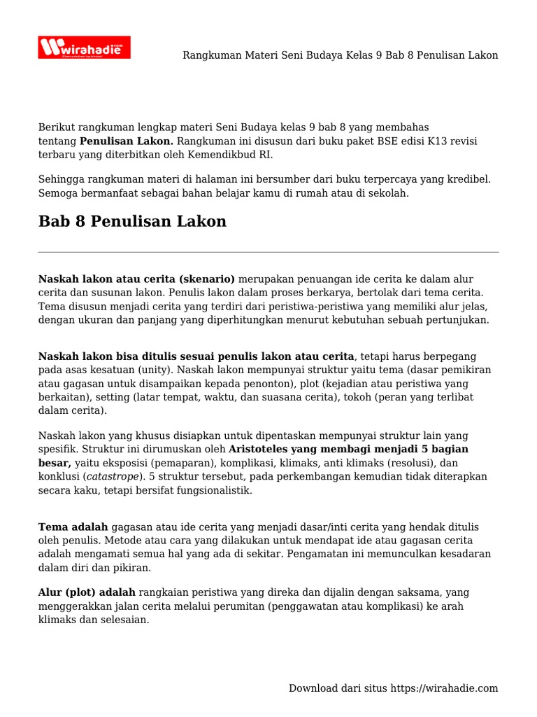 Rangkuman Materi Seni Budaya Kelas 9 Bab 8 Penulisan Lakon | PDF