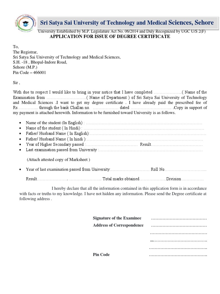 Application for Issuance of Degree Certificate from Sri Satya Sai ...